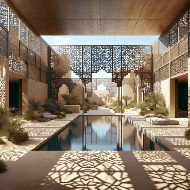 Intricate shadow play laser-cut metal screens in desert courtyards