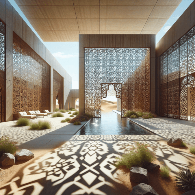 Intricate shadow play laser-cut metal screens in desert courtyards