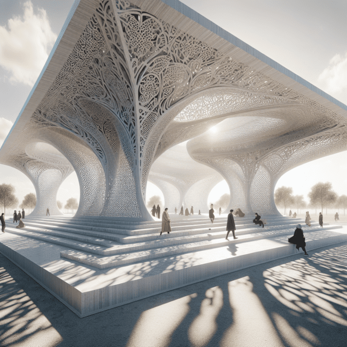 Stone-lace pavilions CNC-milled marble filigree for open-air galleries