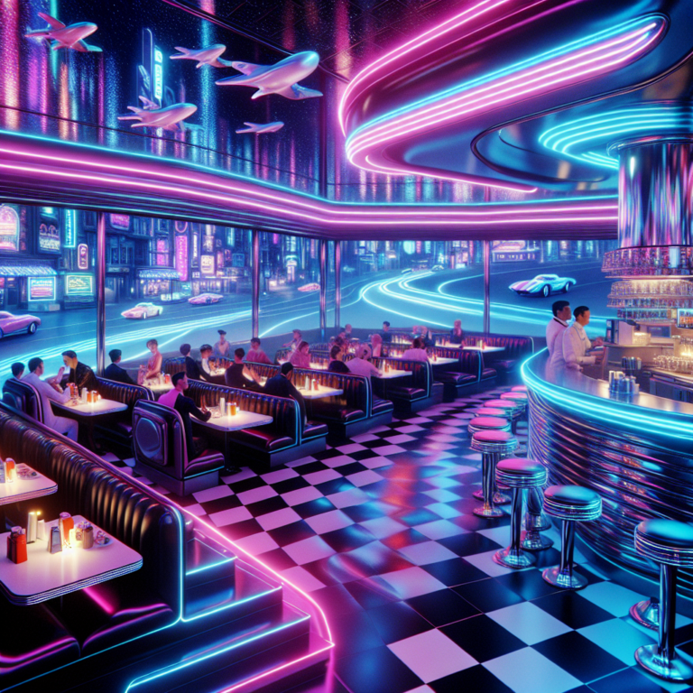 Retro futuristic diners with AR menus and color-shifting neon