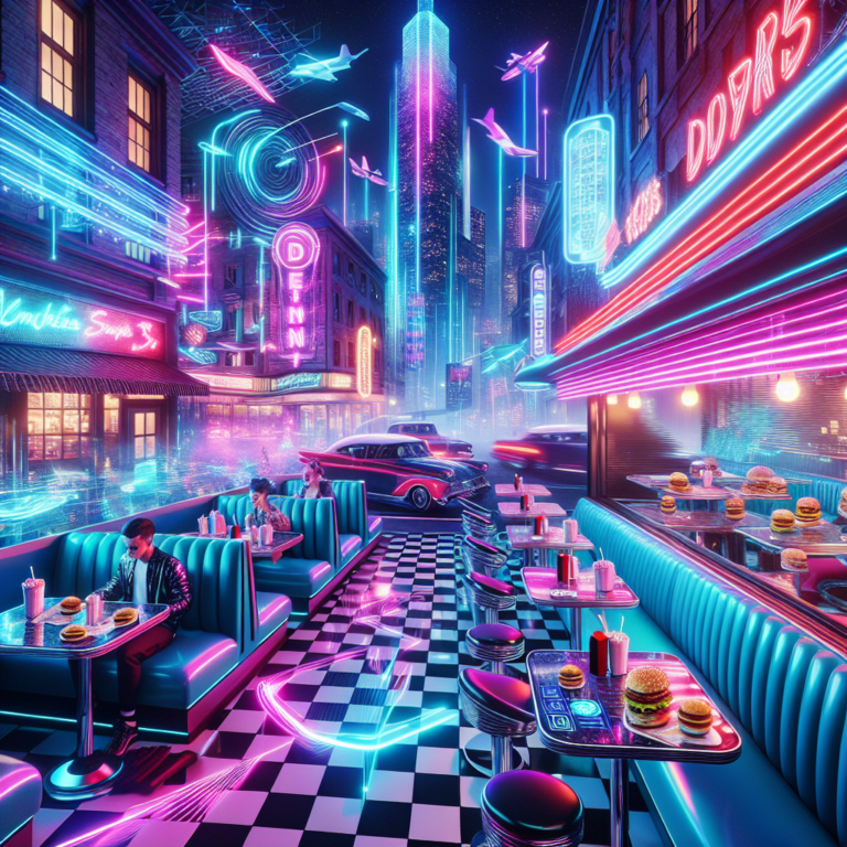 Retro futuristic diners with AR menus and color-shifting neon