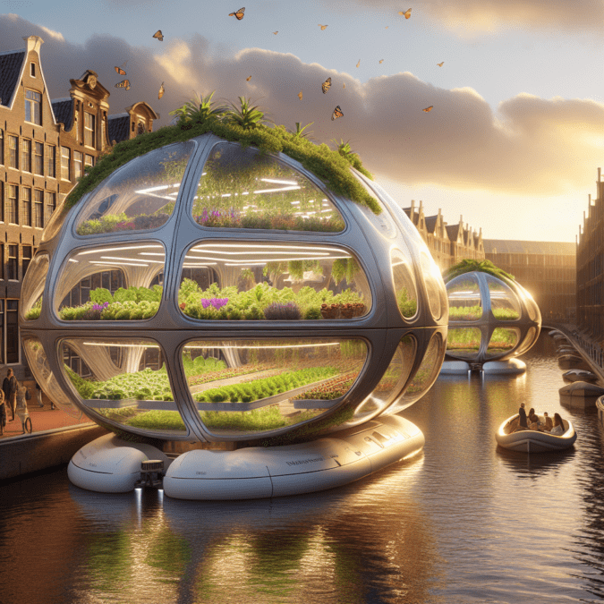 Floating greenhouse pods: hydroponic farming above city canals