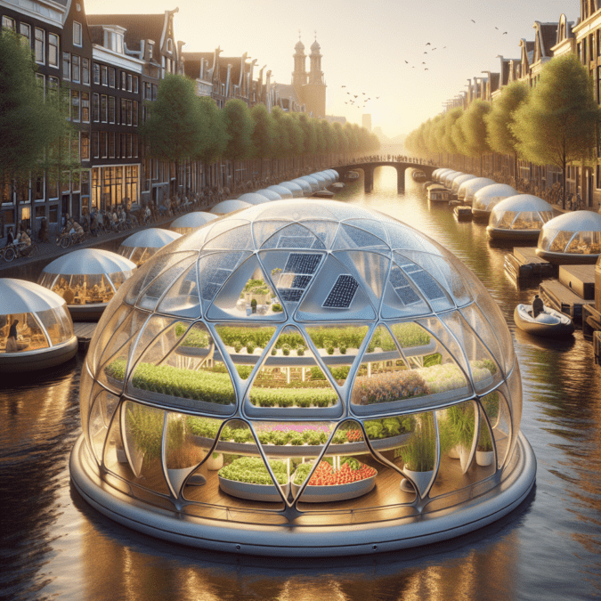Floating greenhouse pods: hydroponic farming above city canals
