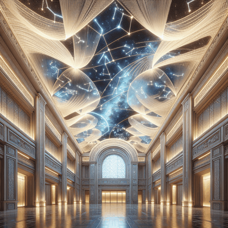 Night-sky tapestries cosmic: star charts woven into ceiling fabrics