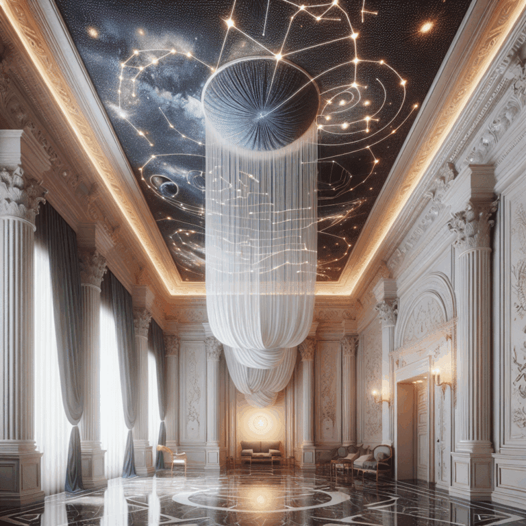 Night-sky tapestries cosmic: star charts woven into ceiling fabrics