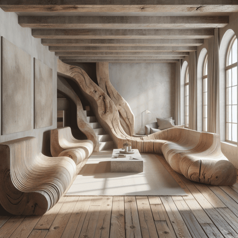 Raw textures and: reclaimed wood sculptural seating for calm living