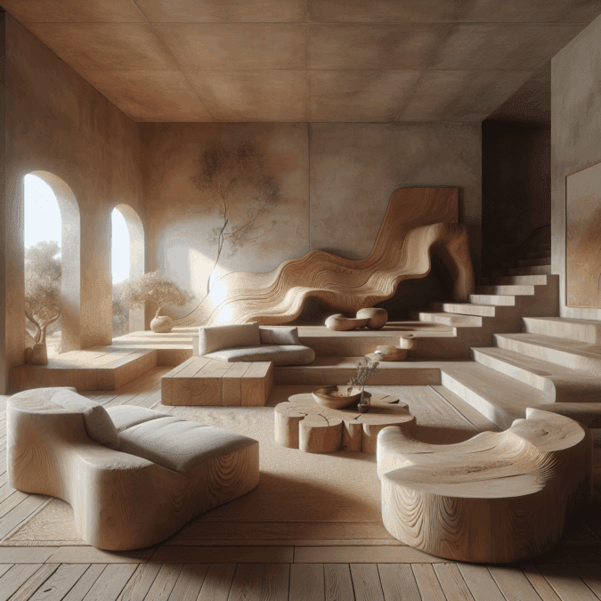 Raw textures and: reclaimed wood sculptural seating for calm living