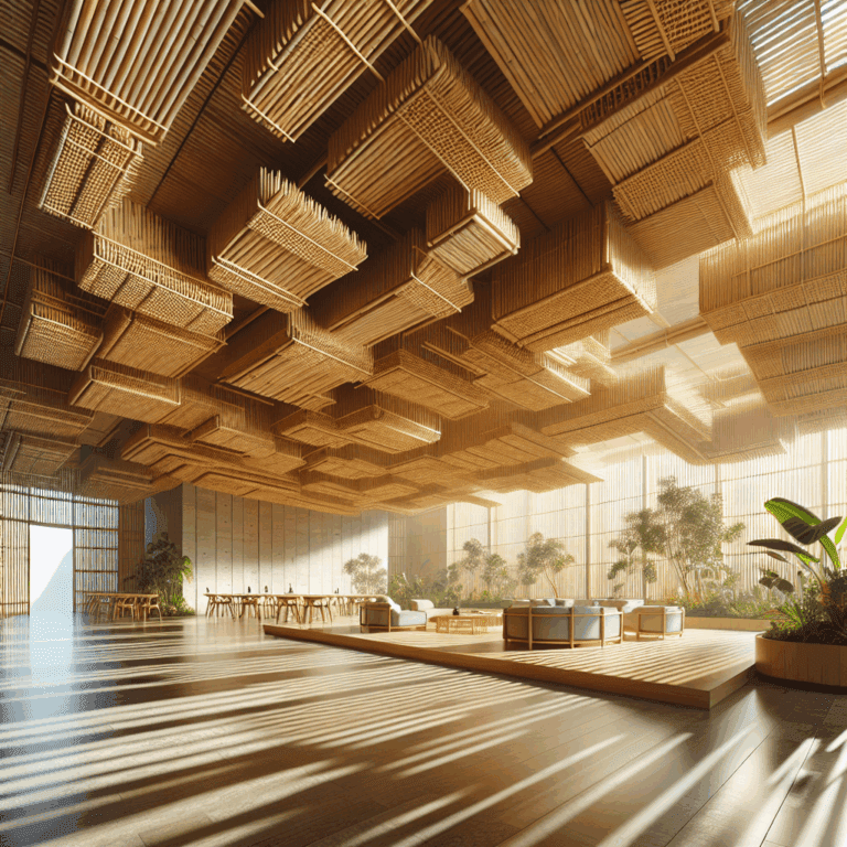 Bamboo ceilings with pivot hinges: controlling light diffusion and air flow