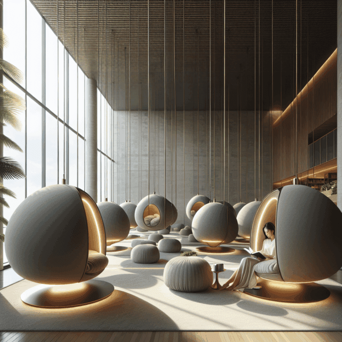Floating reading pods: plush spheres suspended from ceilings