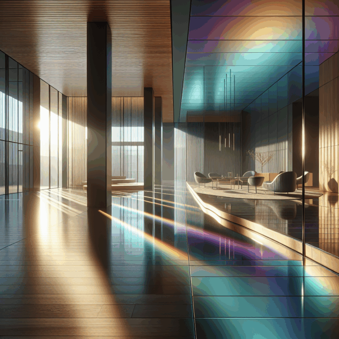 Iridescent floor panels: shifting color underfoot based on viewpoint