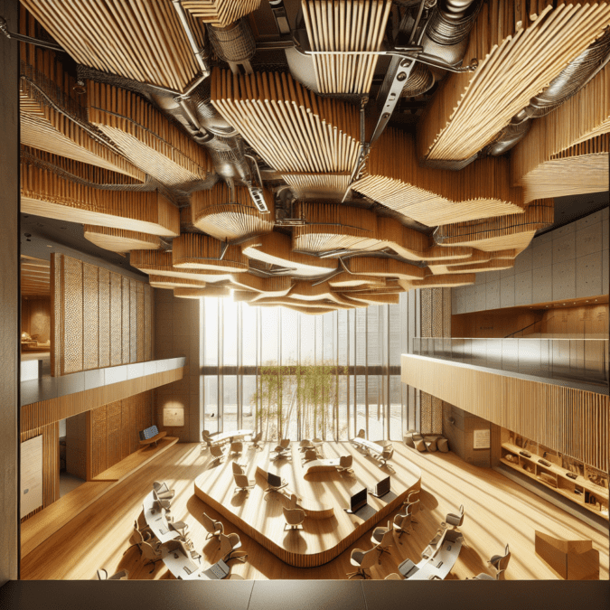Bamboo ceilings with: pivot hinges controlling light diffusion and air flow