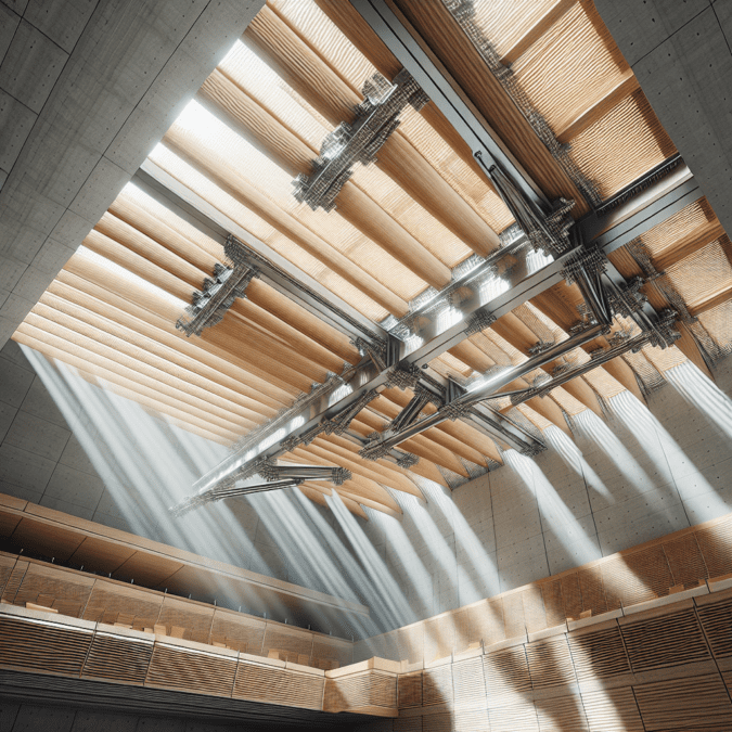 Bamboo ceilings with: pivot hinges controlling light diffusion and air flow