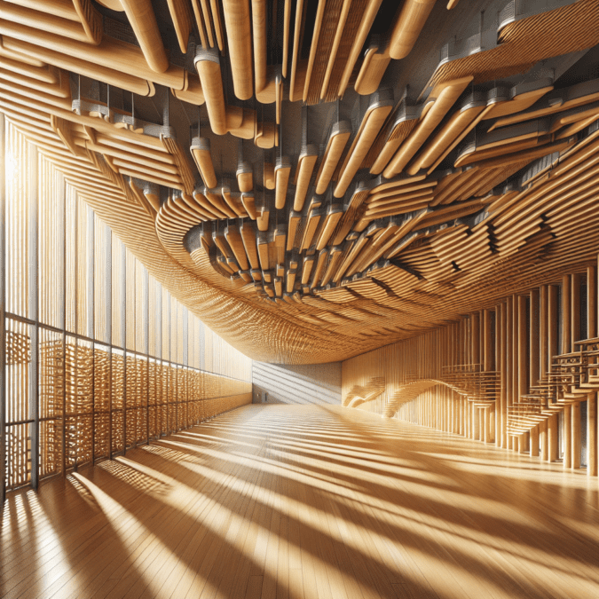 Bamboo ceilings with: pivot hinges controlling light diffusion and air flow