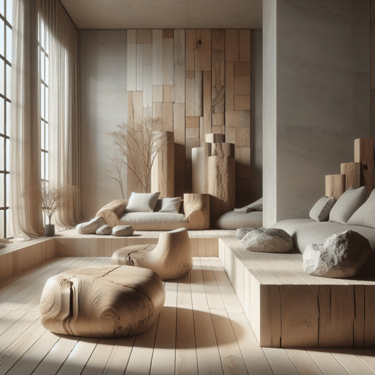 Raw textures and reclaimed wood: sculptural seating for calm living
